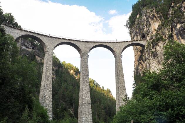 Landwasser Viaduct, single track, six-arched curved limestone railway ...