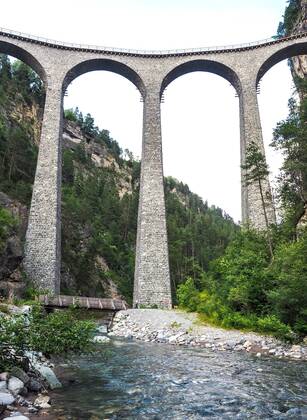 Landwasser Viaduct, single track, six-arched curved limestone railway ...
