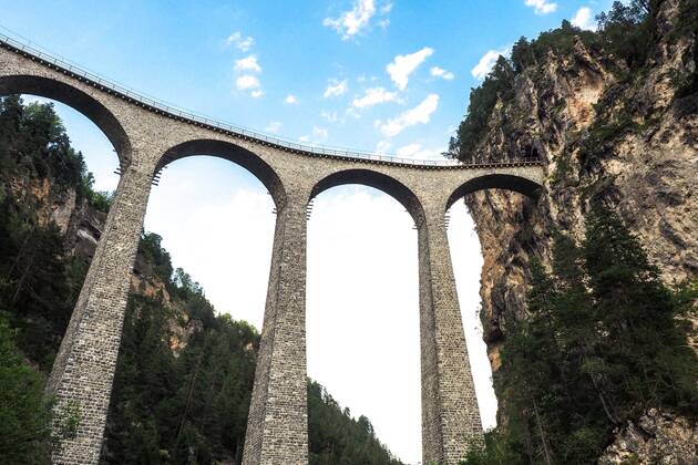 Landwasser Viaduct, single track, six-arched curved limestone railway ...