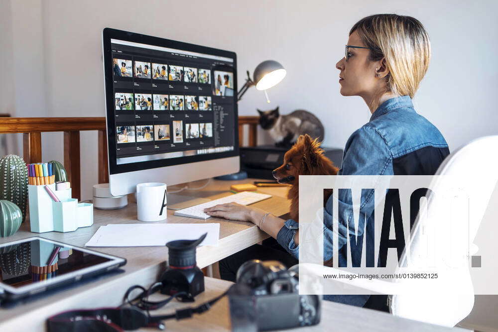 Female Vlogger Using Computer During Video Conference In Living Room