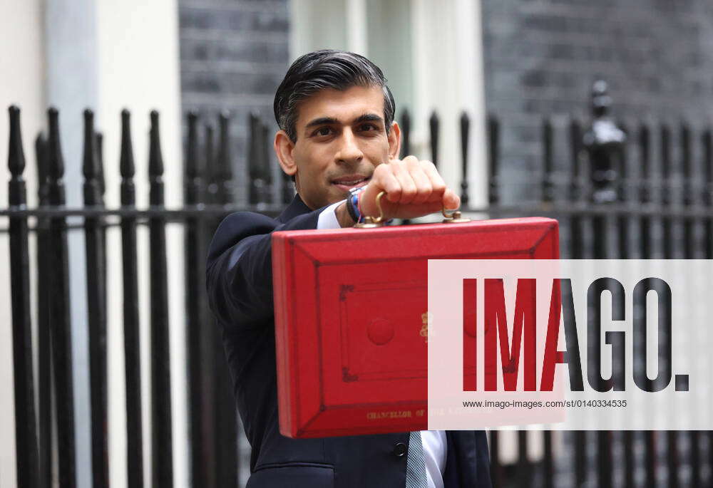 Rishi Sunak the Chancellor of the Exchequer with the red Budget Box ...