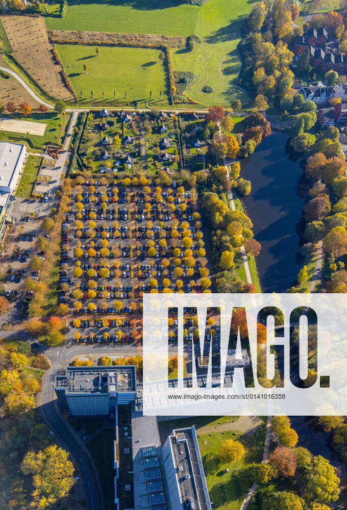 Aerial view, Higher Regional Court Hamm with parking lots and trees in ...