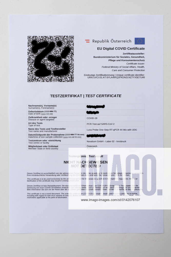EU Digital COVID Certificate PCR Test Certificate from Innsbruck, Tyrol ...