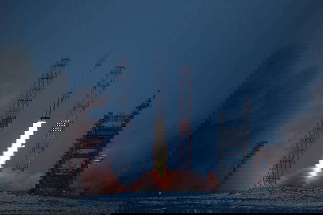 BAIKONUR, KAZAKHSTAN – : The Proton-M rocket with the Briz-M booster ...