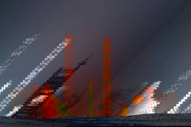 BAIKONUR, KAZAKHSTAN – : The Proton-M rocket with the Briz-M booster ...