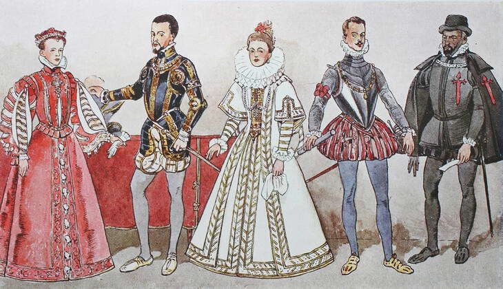 Mode, Kleidung in Spanien im 16. - 17. Jahrhundert, von links, König ...