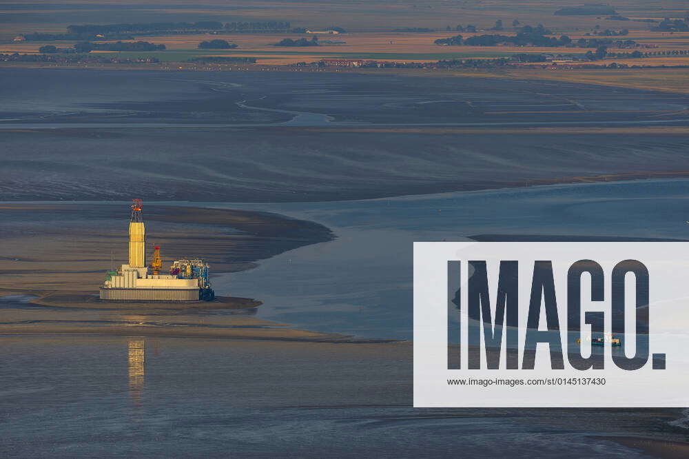 Mittelplate drilling platform in the Wadden Sea, aerial view, Germany ...
