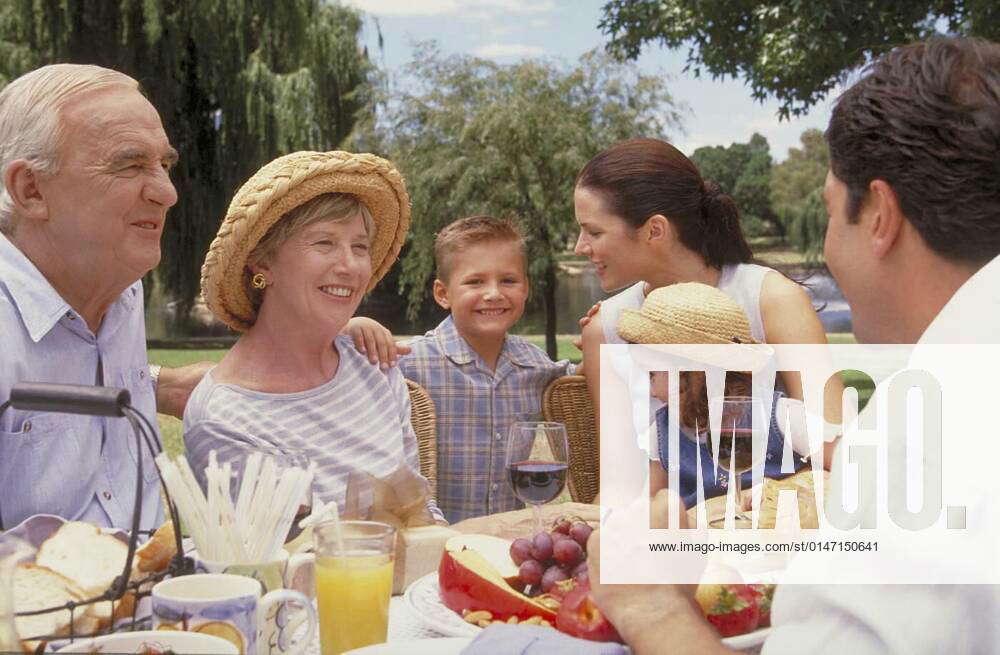 Park scene, portrait, 3 generations of a family enjoy a summer day in ...