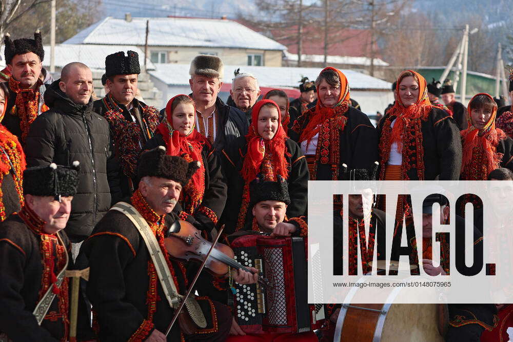 VERKHOVYNA, UKRAINE - People pose for a photo during the Hutsul Koliada ...