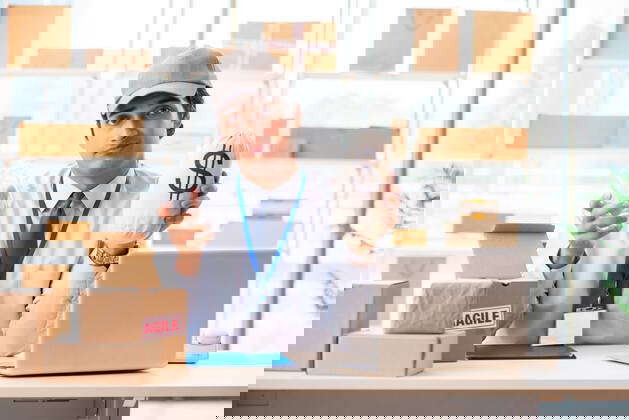 Male employee working in box delivery relocation service, model released, , property released