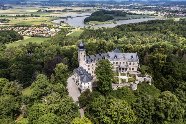 Aerial view, Callenberg Castle, hunting lodge and summer palace of the ...