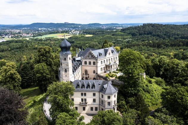 Aerial view, Callenberg Castle, hunting lodge and summer palace of the ...
