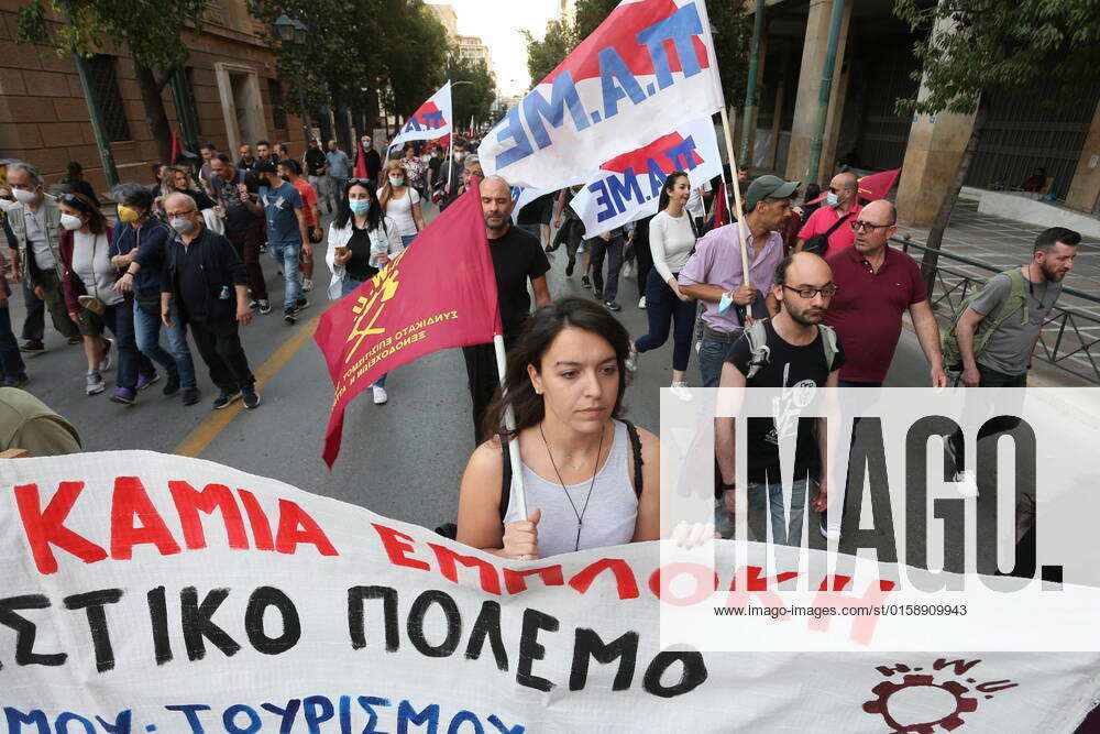Athens, Greece: Supporters of the Greek Communist Party hold a banner ...