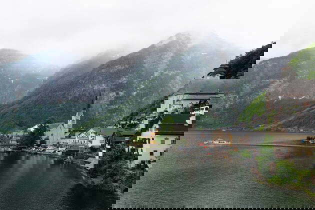 Aerial view via Mountain landscape and Alpine village Bre with Autumn ...