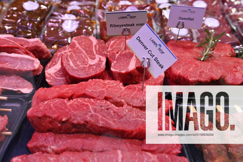 Steaks from ox,ox meat in the meat counter of a farm butcher fresh