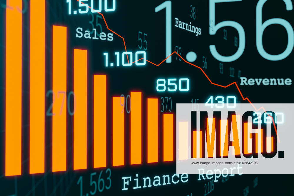 Financial report, chart decreases. Sales report and revenue statistic ...