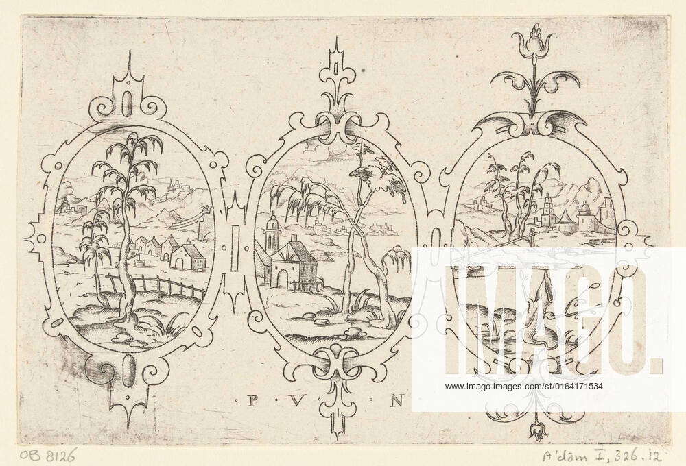 Three ovals with landscapes with tall trees; Oval cartouches in a ...