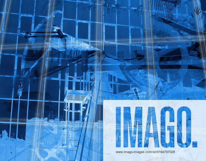 Computer designed grunge textured collage - Oil pump and big modern company building