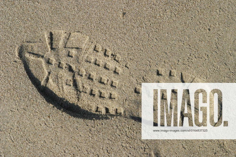A single shoe print, with a waffle pattern, on a sandy beach is ...