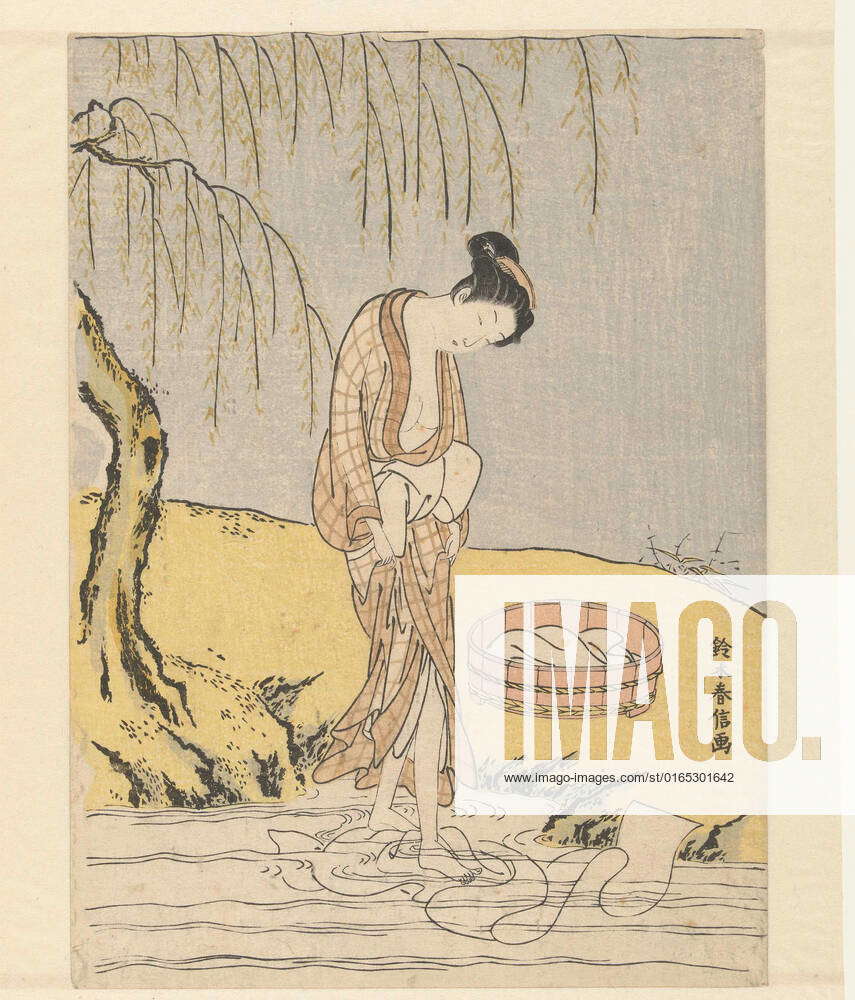 Laken waxing woman. Woman in airy kimono, standing in shallow river ...