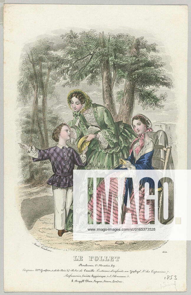 Le Follet, 1853, no. 1834: Chapeau M.Lle Graftor . A woman with a boy ...