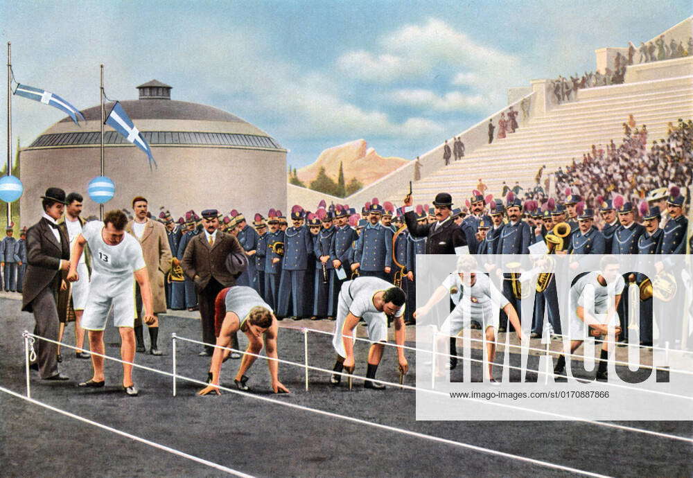 100 metres sprint race at the Olympic Games, Athens, 1896, . A scene ...