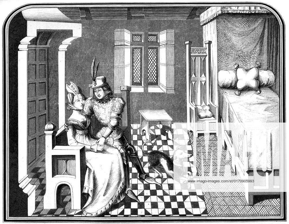 A knight and a lady, 15th century (1849). Private quarters in a chateau ...