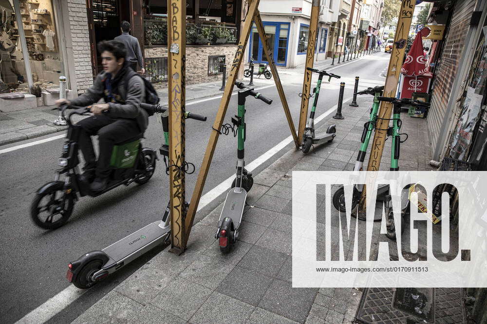 Istanbul, Turkey: Scooters seen parked along the streets in Istanbul ...