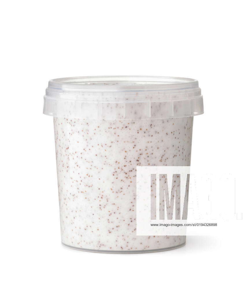 Front view of body scrub in transparent plastic container Front view of ...