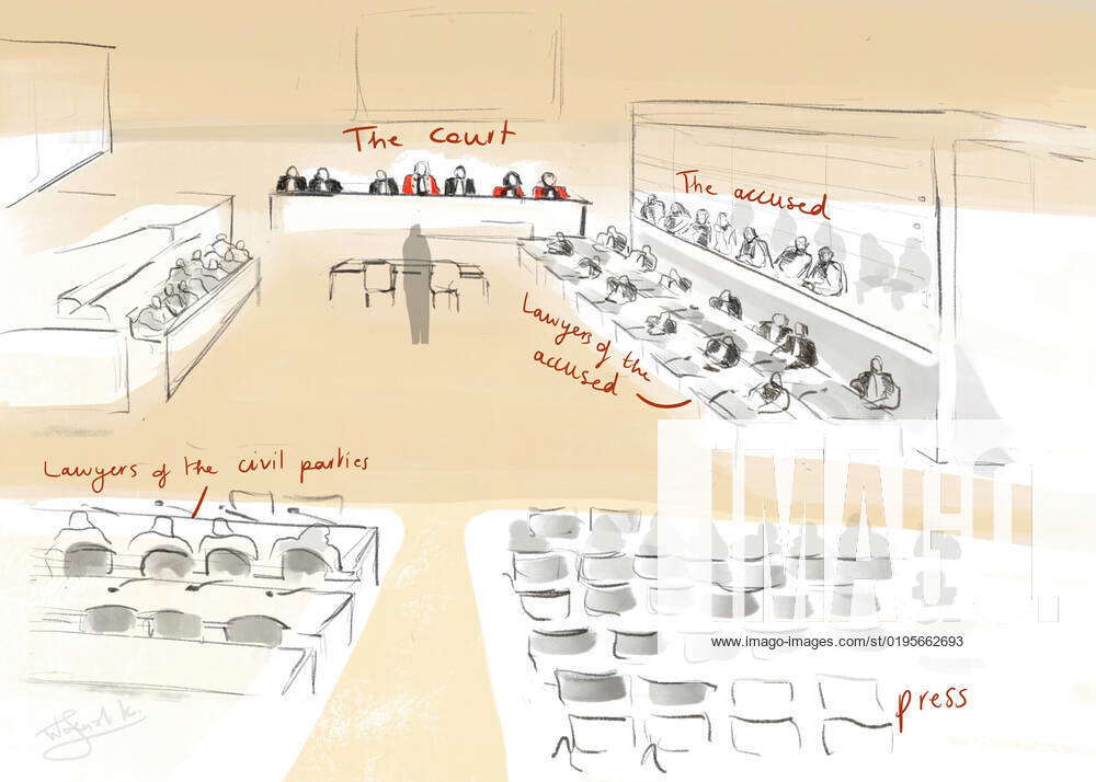 This drawing by Janne Van Woensel Kooy shows the courtroom with ...