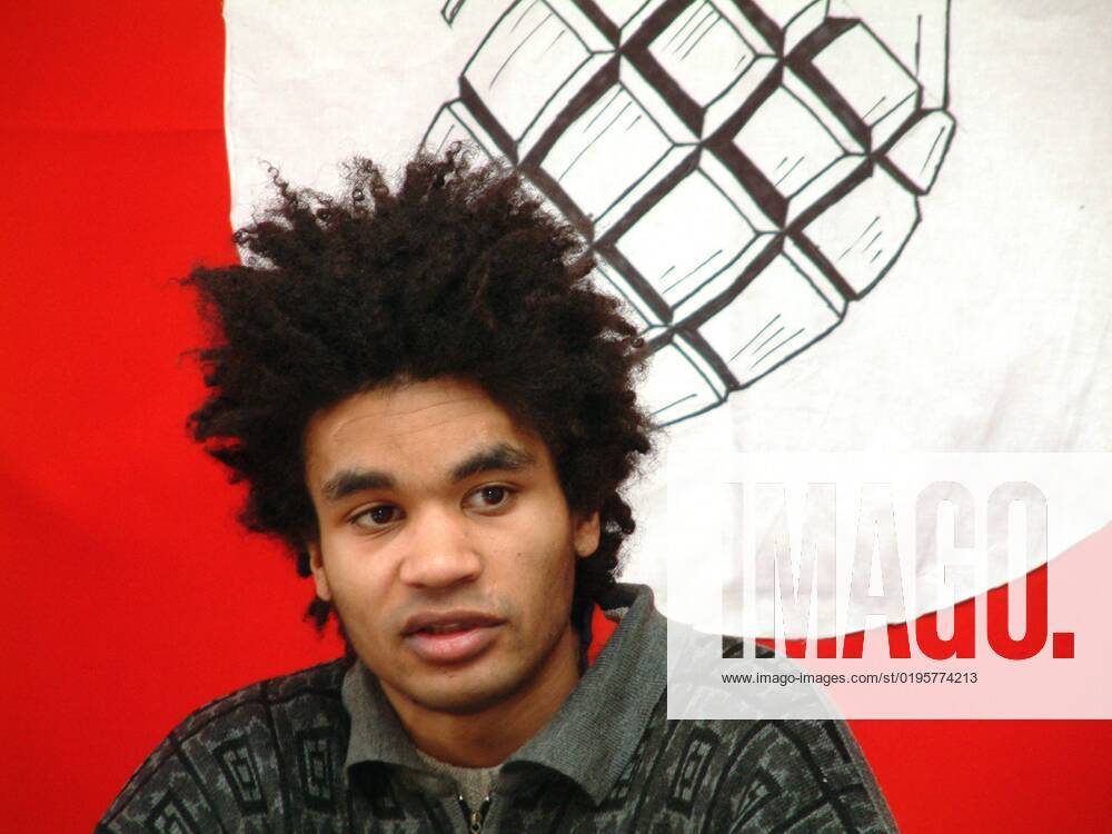 Latvian DPR militiaman Benes Ayo at a press conference in Riga on 10.03 ...