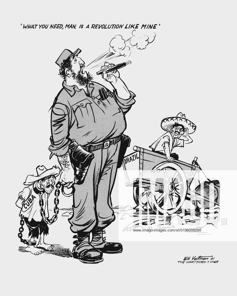 Political cartoon featuring Fidel Castro looming large over small ...