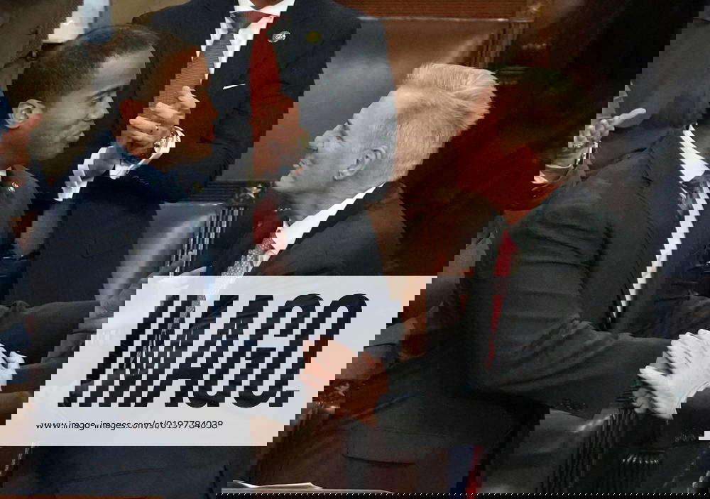 Rep. Kevin McCarthy, R-CA, (R) shakes hands with Rep. John James, R-MI ...