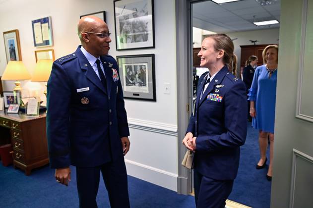 Capt. Taylor Bye speaks with Air Force Chief of Staff Gen. CQ Brown, Jr ...