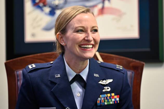 Capt. Taylor Bye speaks with Air Force Chief of Staff Gen. CQ Brown, Jr ...