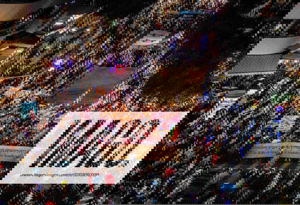 February 18, 2023, Tel Aviv, Israel: Crowd of protesters march with the ...