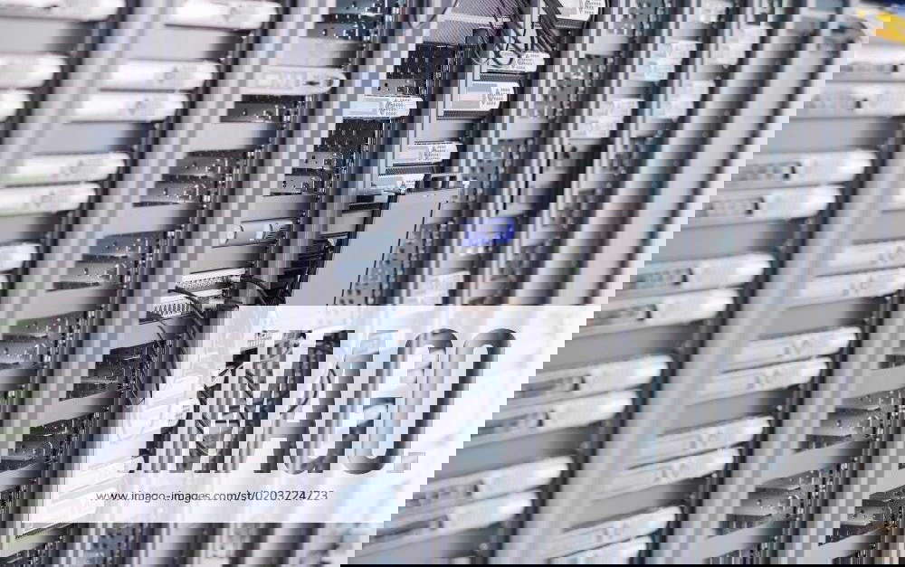 Internet network server room with computers racks and digital receiver ...