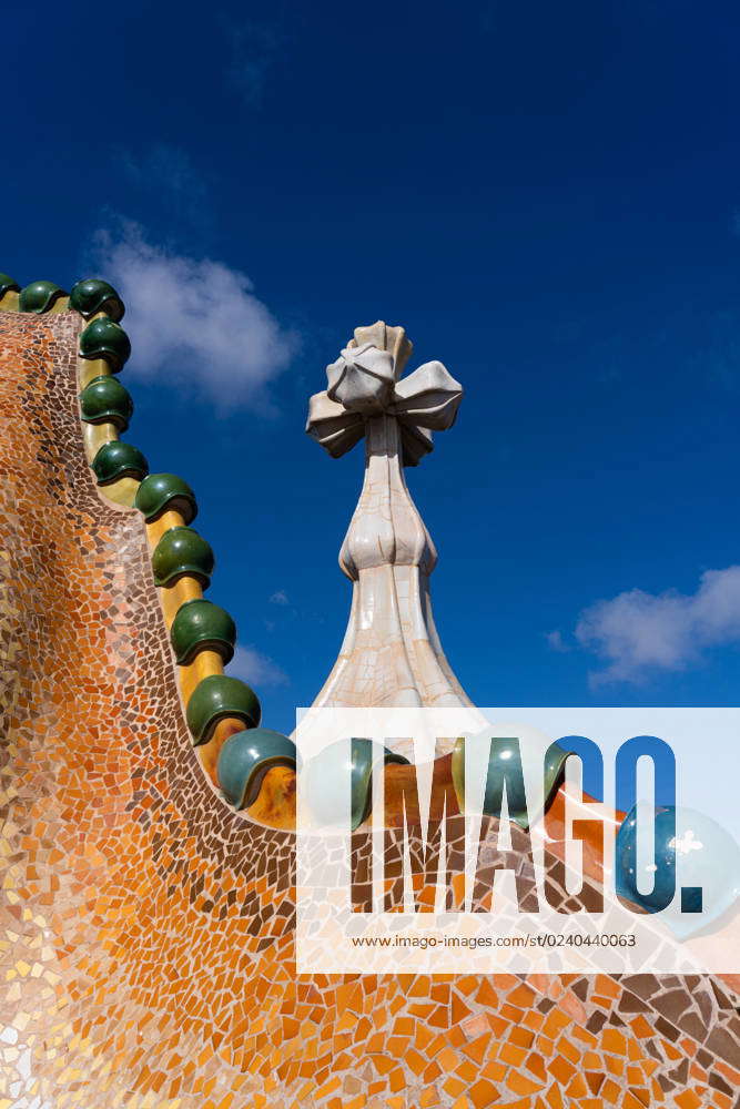 Detail of the roof decoration on Casa Batlo by architect Antoni Gaudi ...