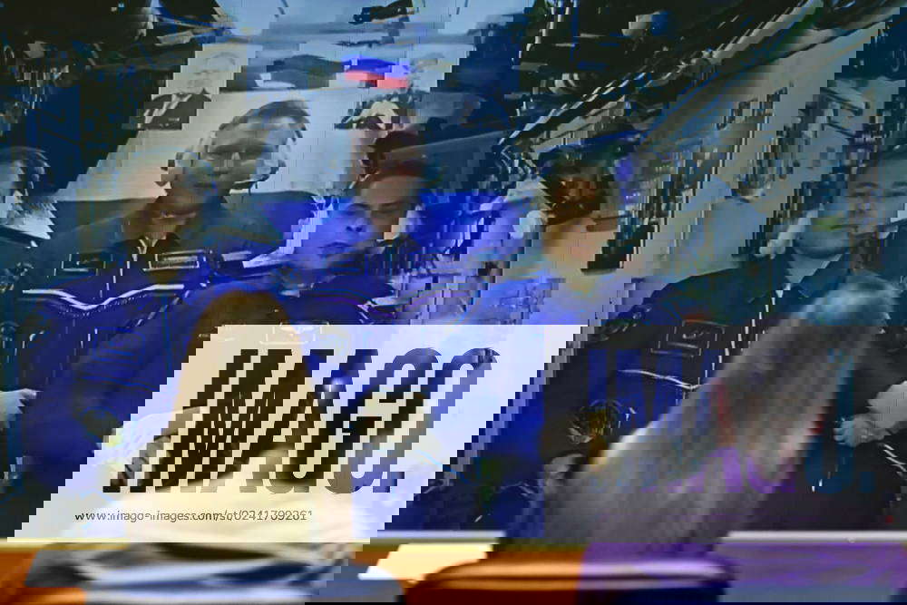 RUSSIA, KOROLEV - : A broadcast of a news conference by Roscosmos cosmonauts Dmitry Petelin, Sergei