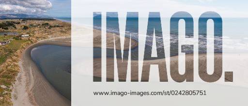 An aerial panorama of Waikawa beach and stream mouth on the Kapiti ...