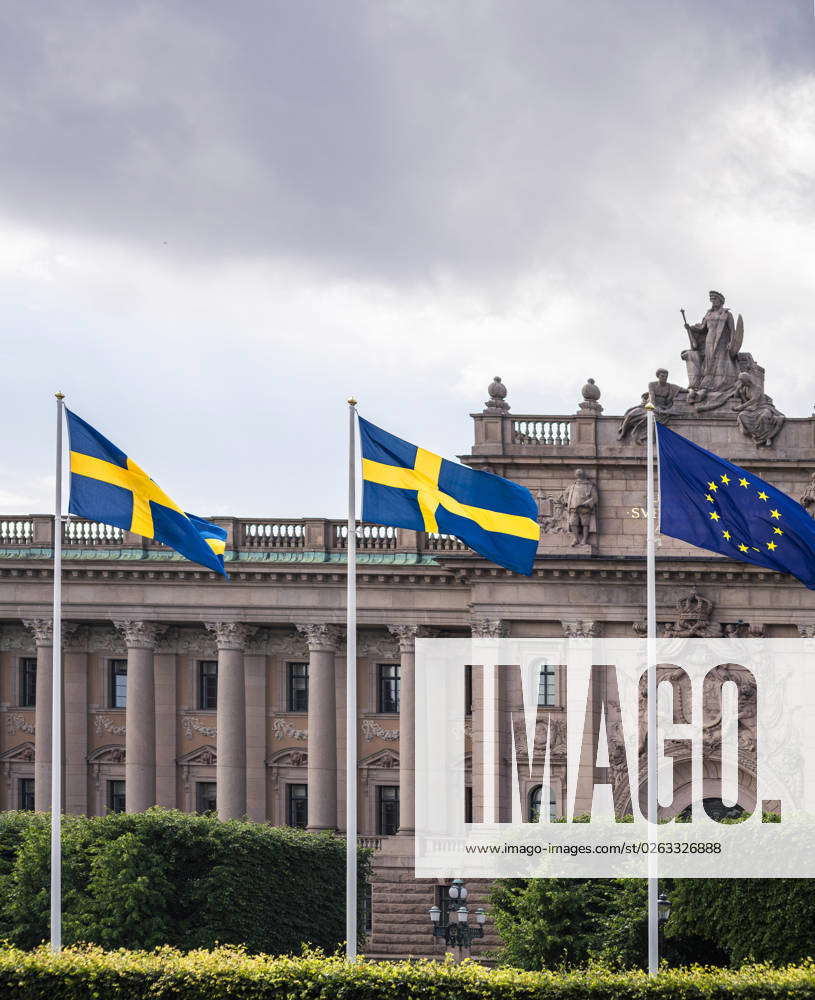 Sweden The flags of Sweden and Europe in front of the Riksdag Two ...