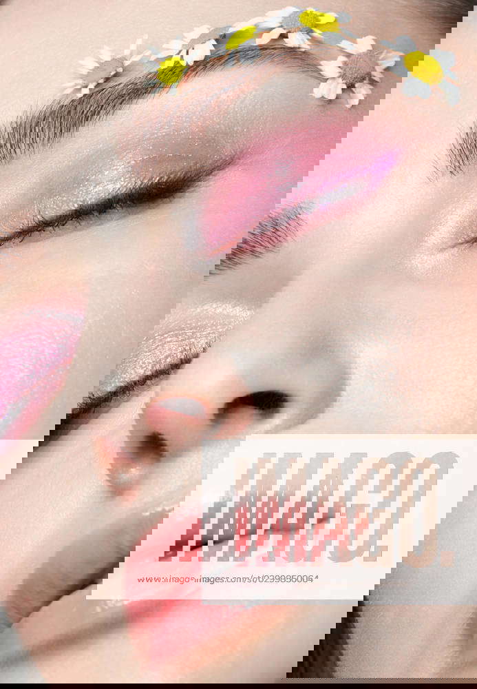 Closeup Pov Shot Of Human Female Face With Pink Eyes Shadows Eyes Closed Closeup Pov Shot Of