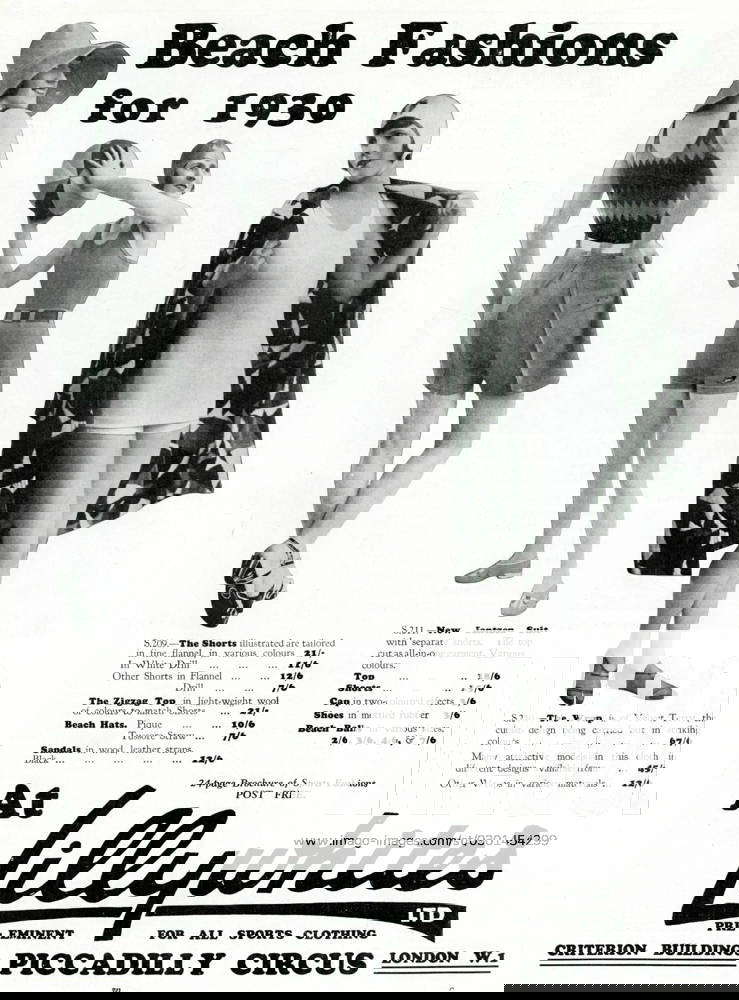 Advert for Lillywhites beach fashions 1930 A model wearing three styles ...