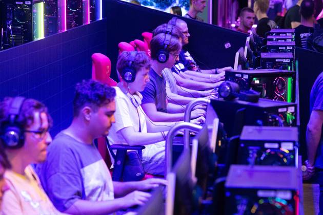 Visitors playing on game consoles, general, feature, border motif ...