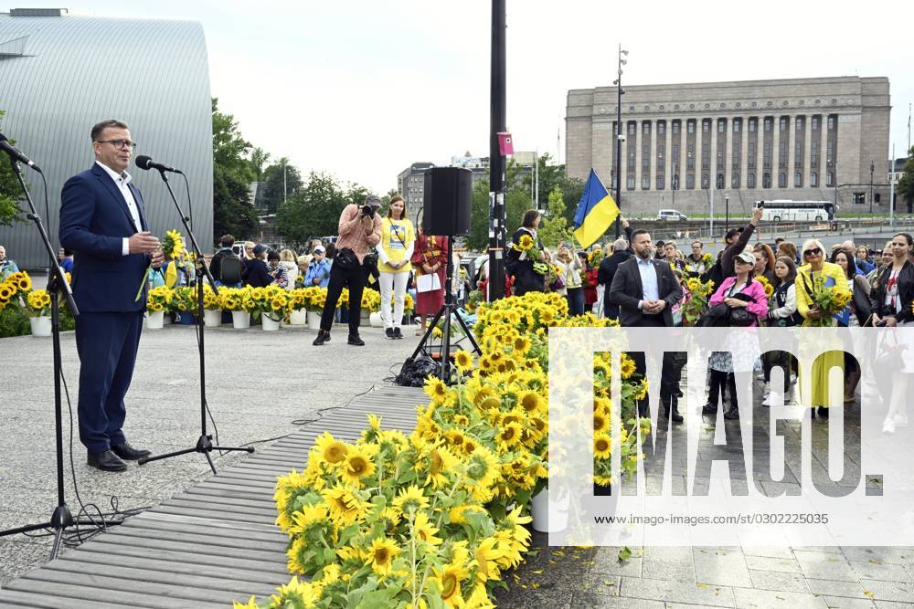 Finnish Prime Minister Petteri Orpo speaking during United for Ukraine ...