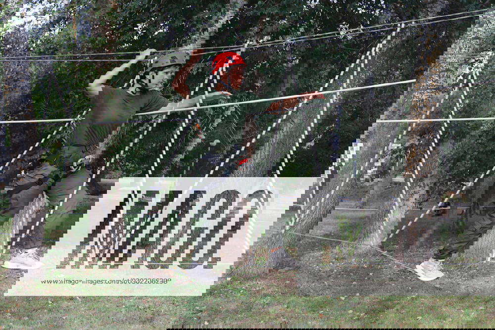 RUSSIA, VOLGOGRAD REGION - : A girl walks on a rope course during the ...