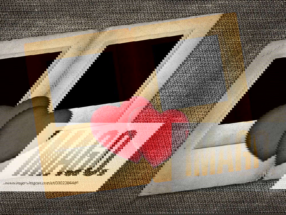 Two old-style photo with red paper hearts in vintage style Two old ...