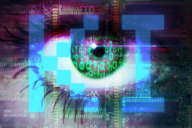 PHOTOMONTAGE, eye of a woman with binary code and the letters AI and KI ...