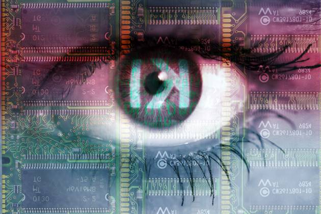 PHOTOMONTAGE, eye of a woman with binary code and the letters AI and KI ...