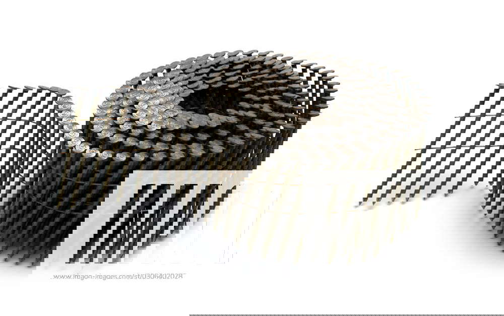 Closeup roll wire connected nails white background Close up of a roll ...